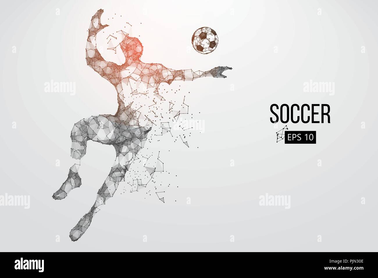Silhouette of a football player. Dots, lines, triangles, text, color effects and background on a ...