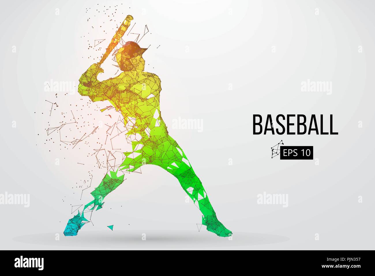 Silhouette of a baseball player. Dots, lines, triangles, text, color ...