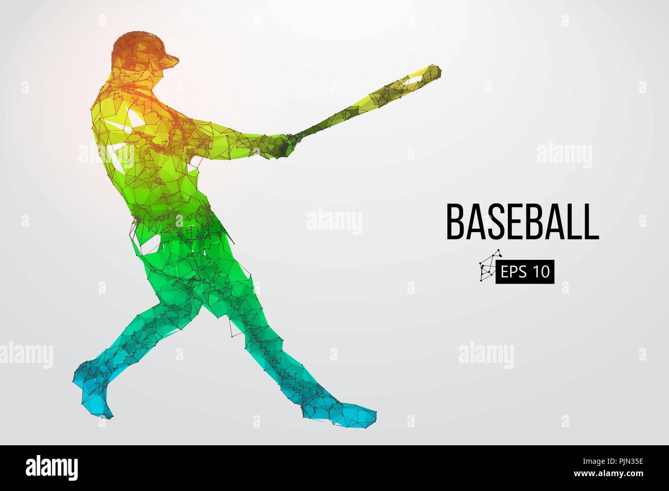 Silhouette of a baseball player. Dots, lines, triangles, text, color ...