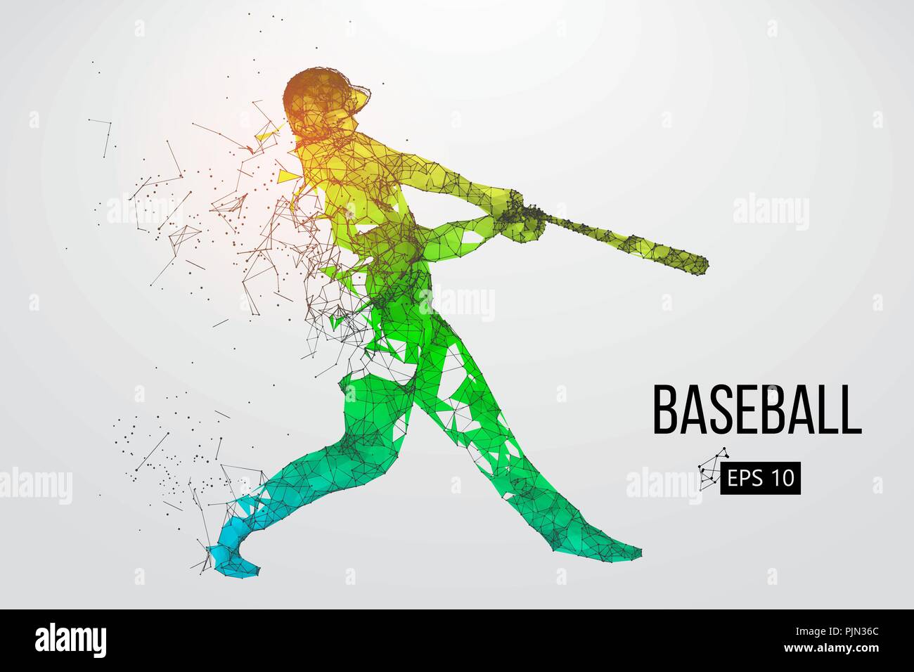 Silhouette of a baseball player. Dots, lines, triangles, text, color ...