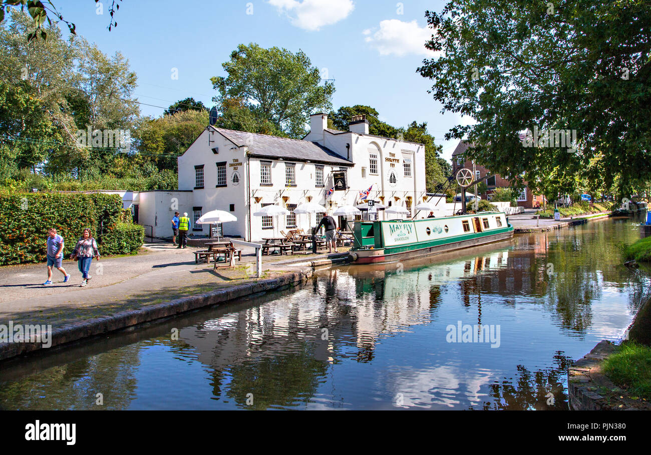 View of a narrowboat on the Shropshire union canal outside the Shroppie ...