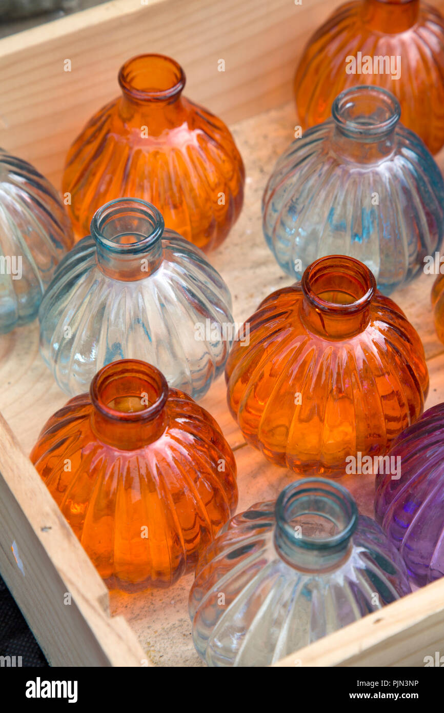 Colorful Glass Pots in Wooden Box Stock Photo - Alamy