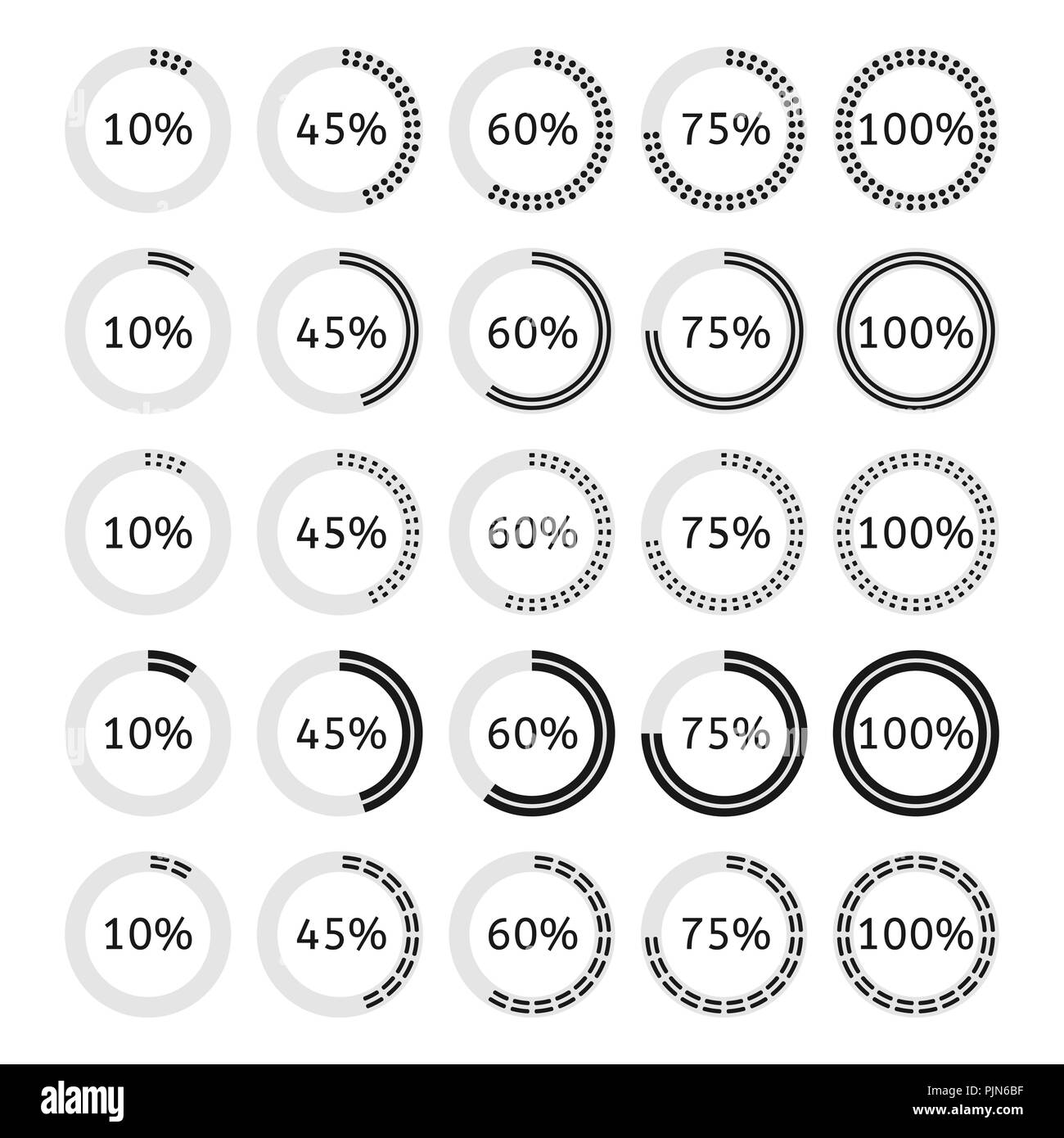 Set of circular load bar, isolated on white background. Five options ...