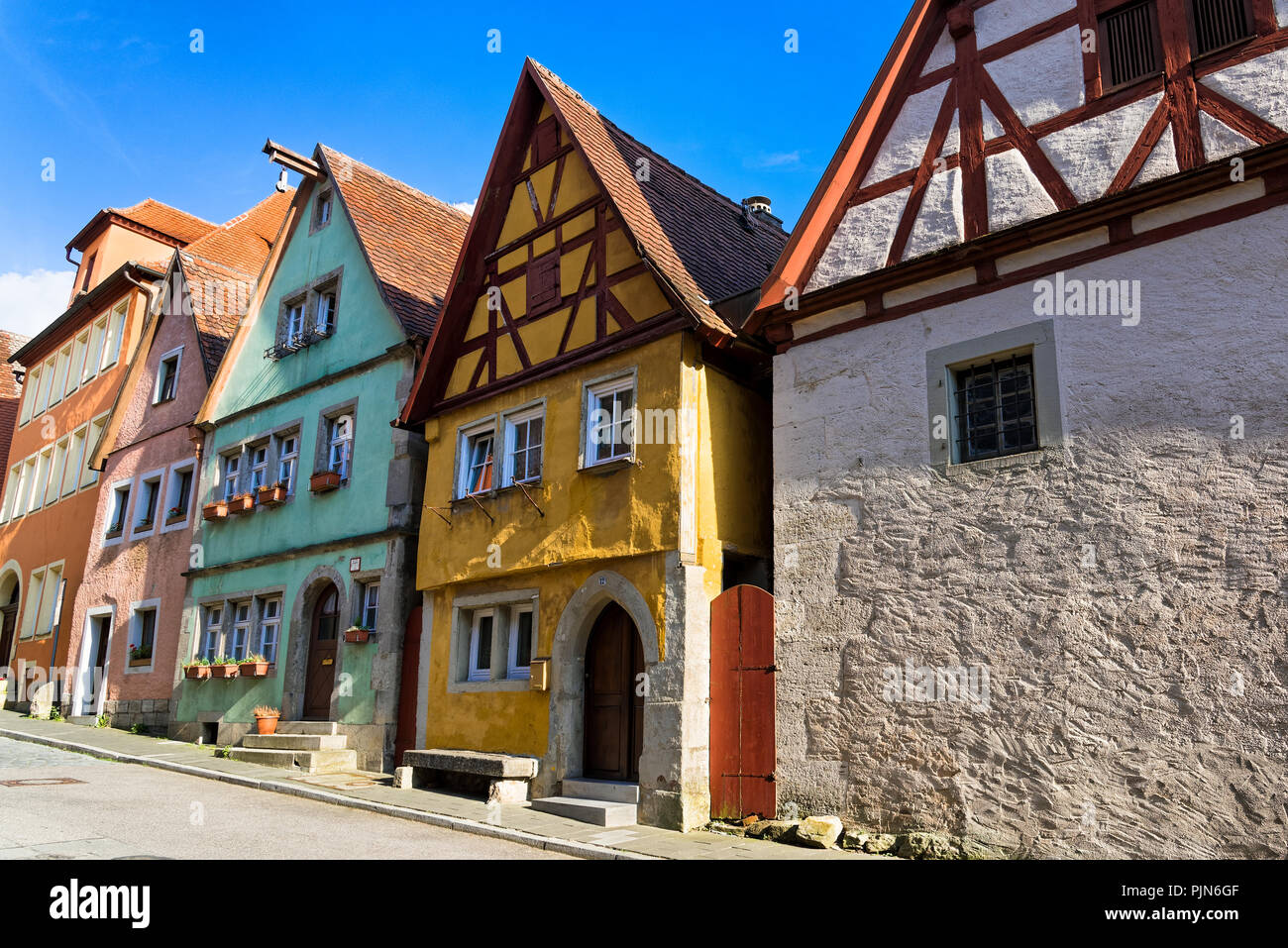 Colorful houses in the medieval town of Rothenburg ob der Tauber in ...