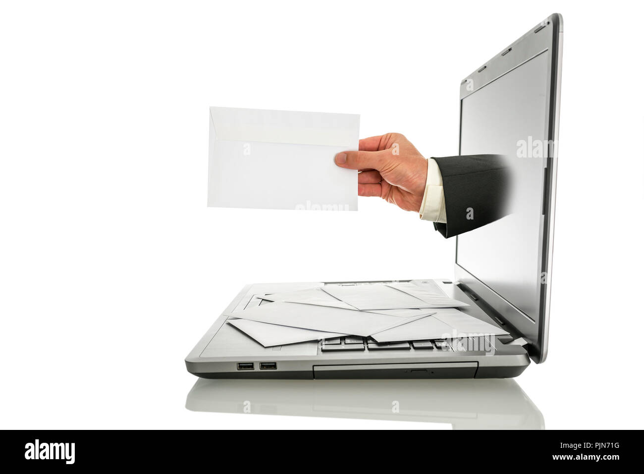 Male hand coming out of laptop monitor offering you an envelope ...