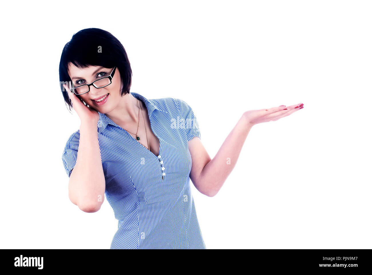 Young attractive woman presenting something on empty palm Stock Photo ...