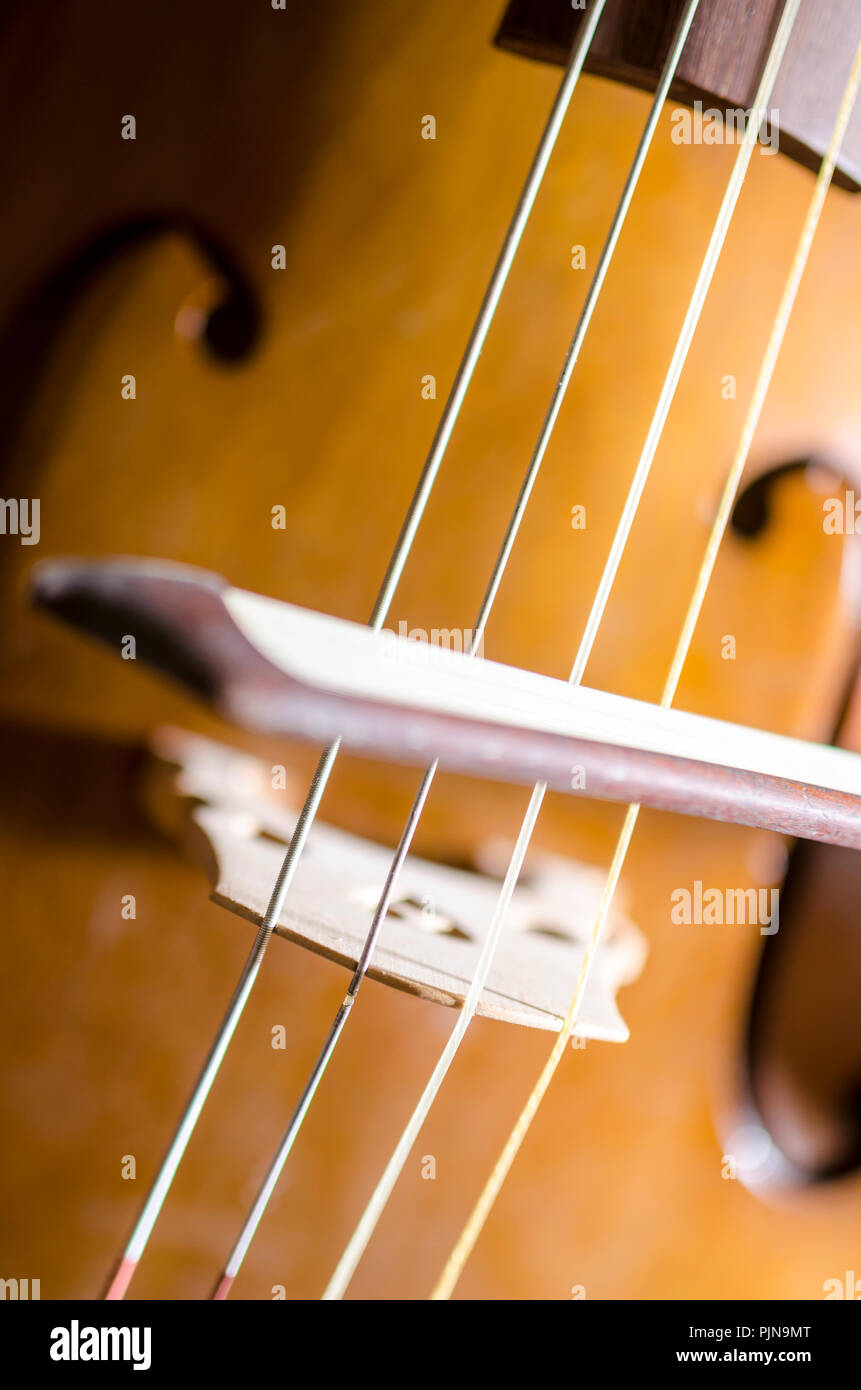 Detail of antique cello strings and bow Stock Photo - Alamy