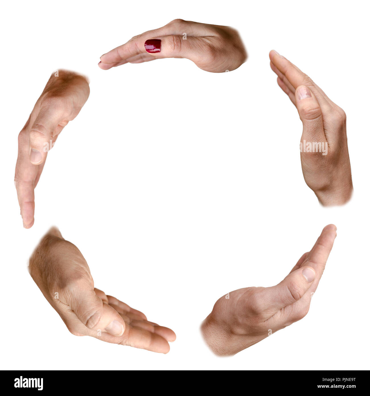 Circle made of various female and male hands isolated over white ...