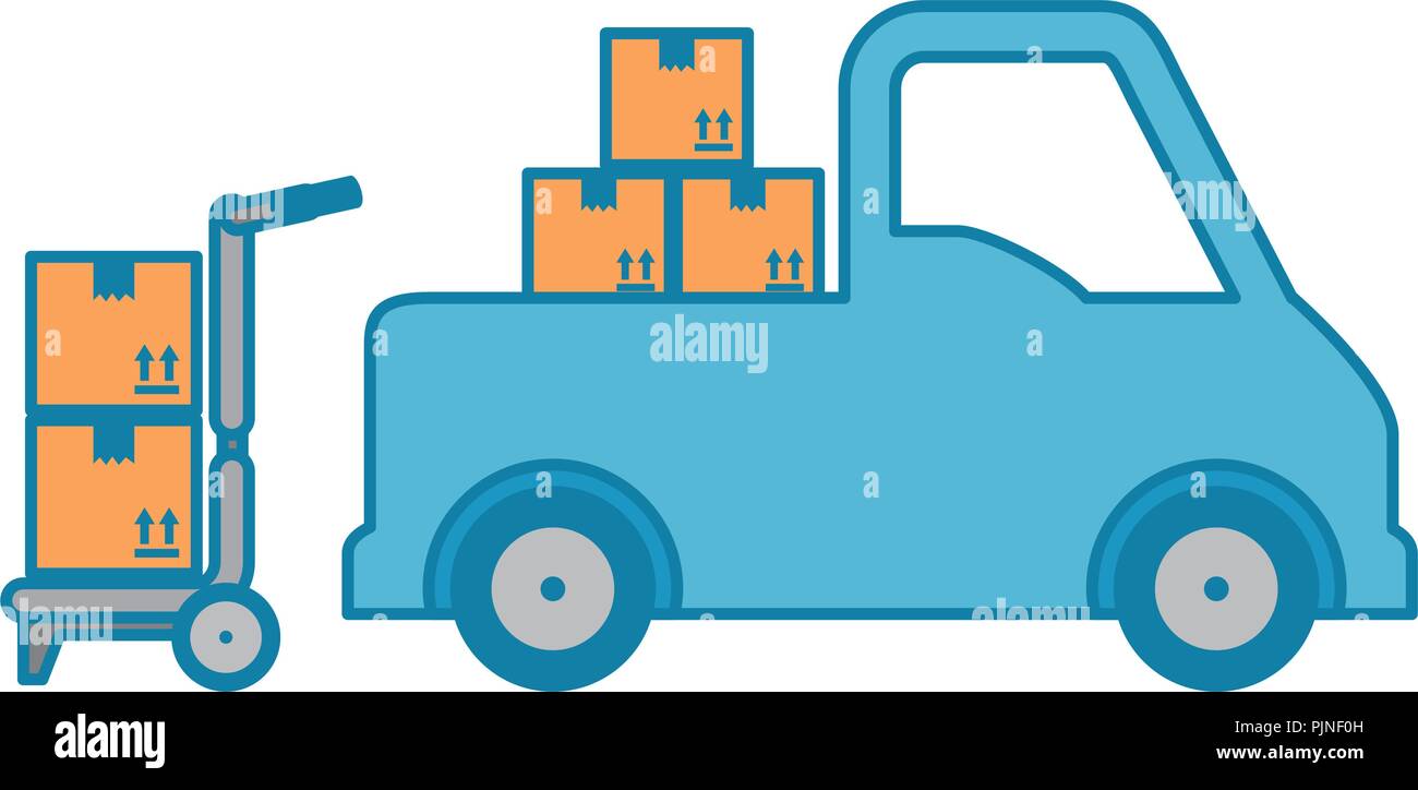 pile boxes carton with truck and cart Stock Vector Image & Art - Alamy