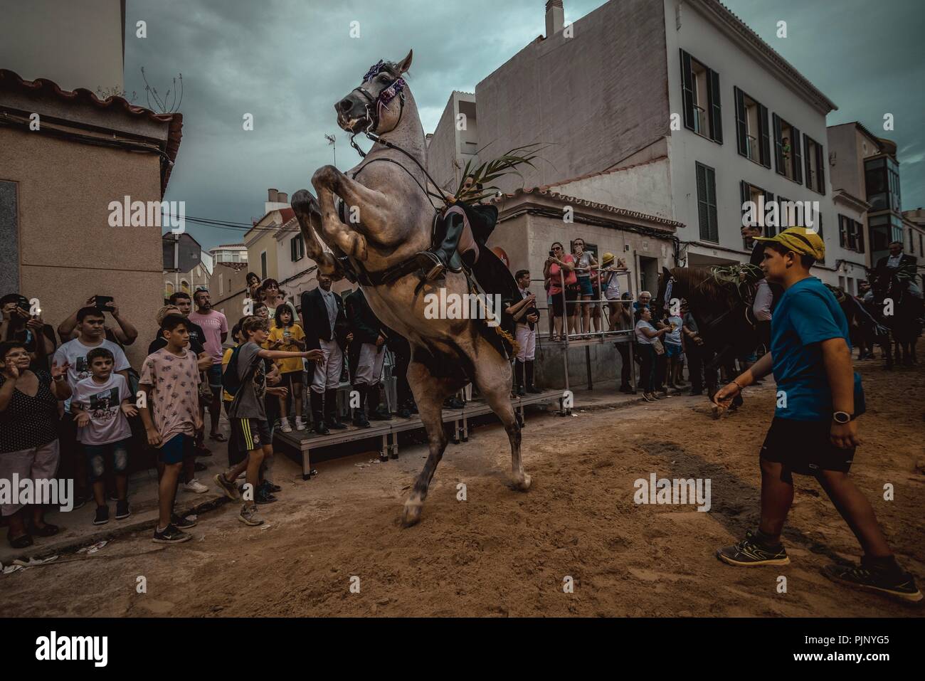 Mahon, Spain. 8 September, 2018: A 'caixer' (horse rider) rears up on ...