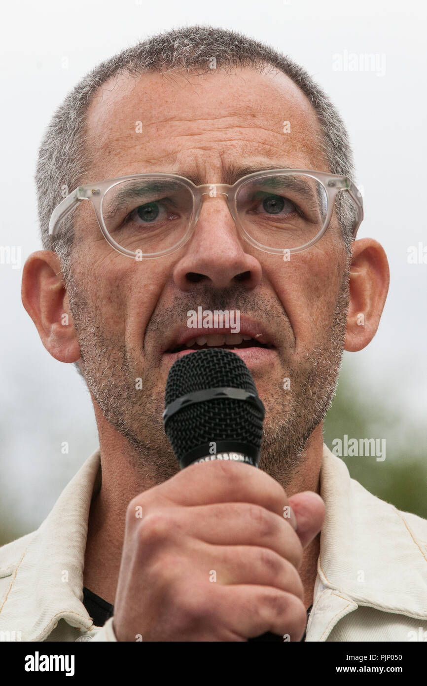 London, UK. 8th Sep, 2018. Tim Crosland, Director of Plan B, addresses ...