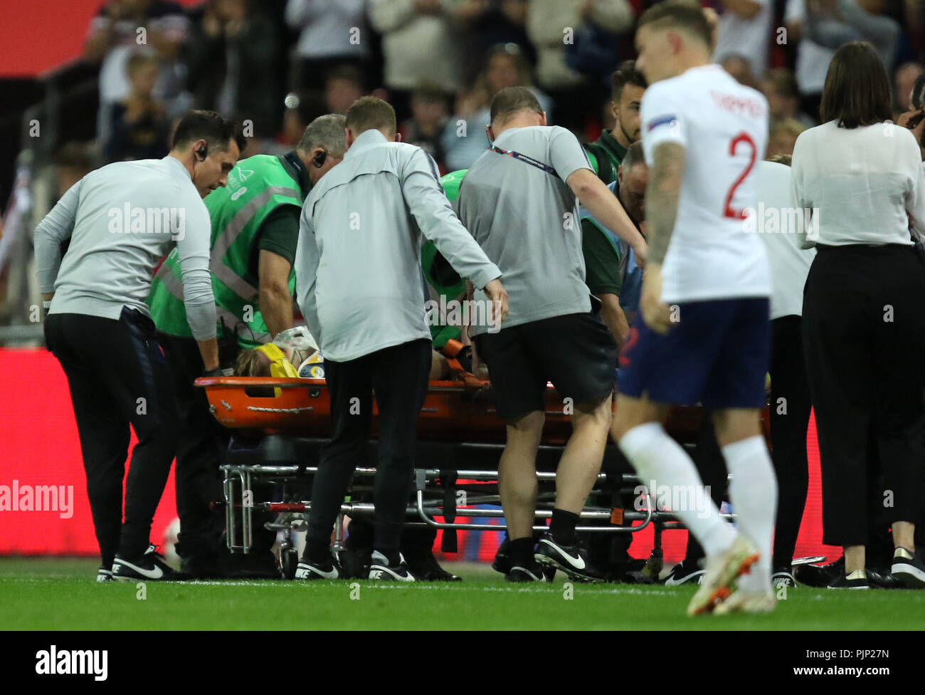 Luke Shaw (E) is taken off on a stretcher after being injured at the ... Luke Shaw (E) is taken off on a stretcher after being injured at the ...