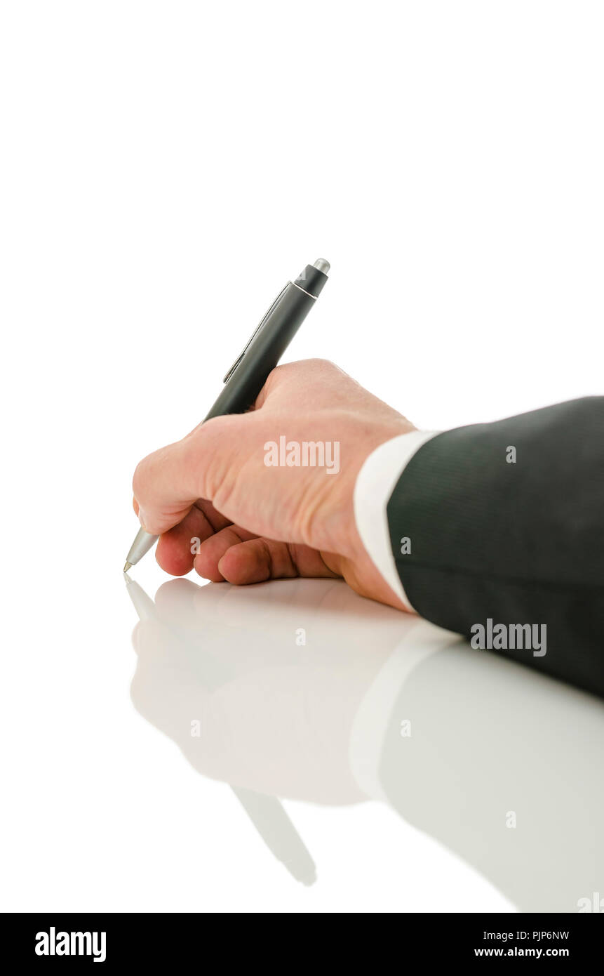 Back view of businessman hand writing isolated on white background ...