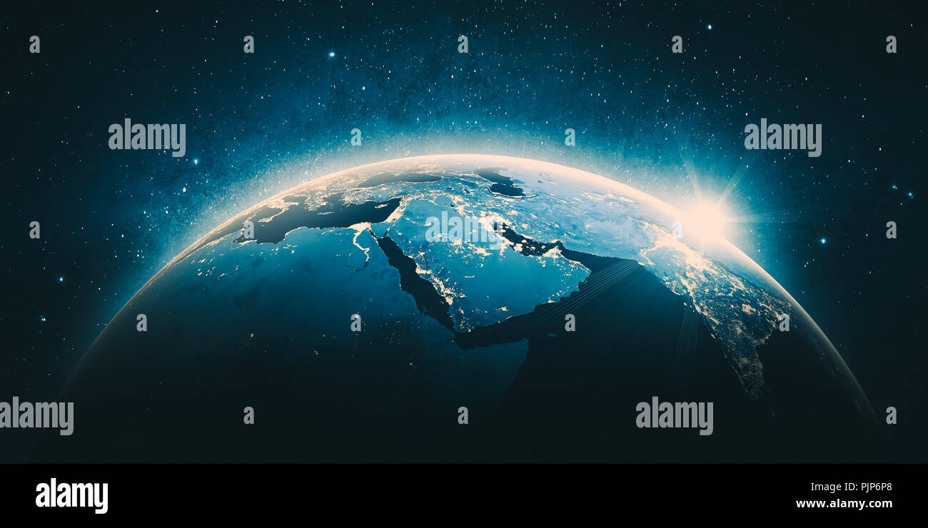 Middle East from space. 3D Rendering. Stars my own photo. Elements of ...