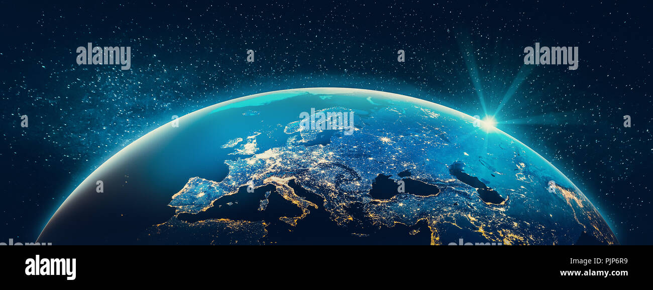 Planet Earth - Europe city lights. 3D Rendering. Stars my own photo ...