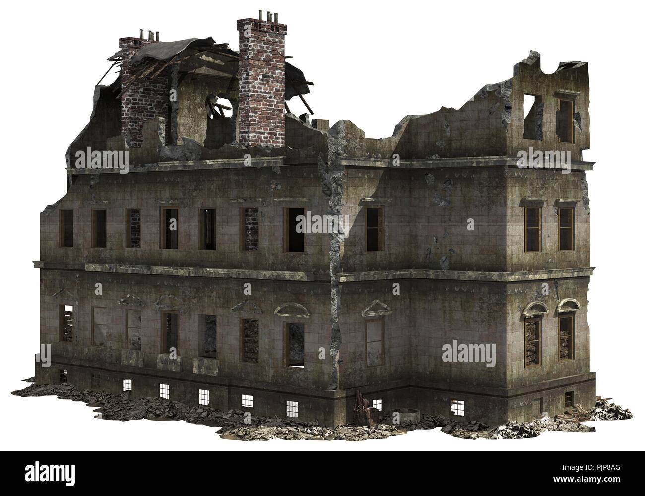 Ruined Building Isolated On White 3D Illustration Stock Photo - Alamy
