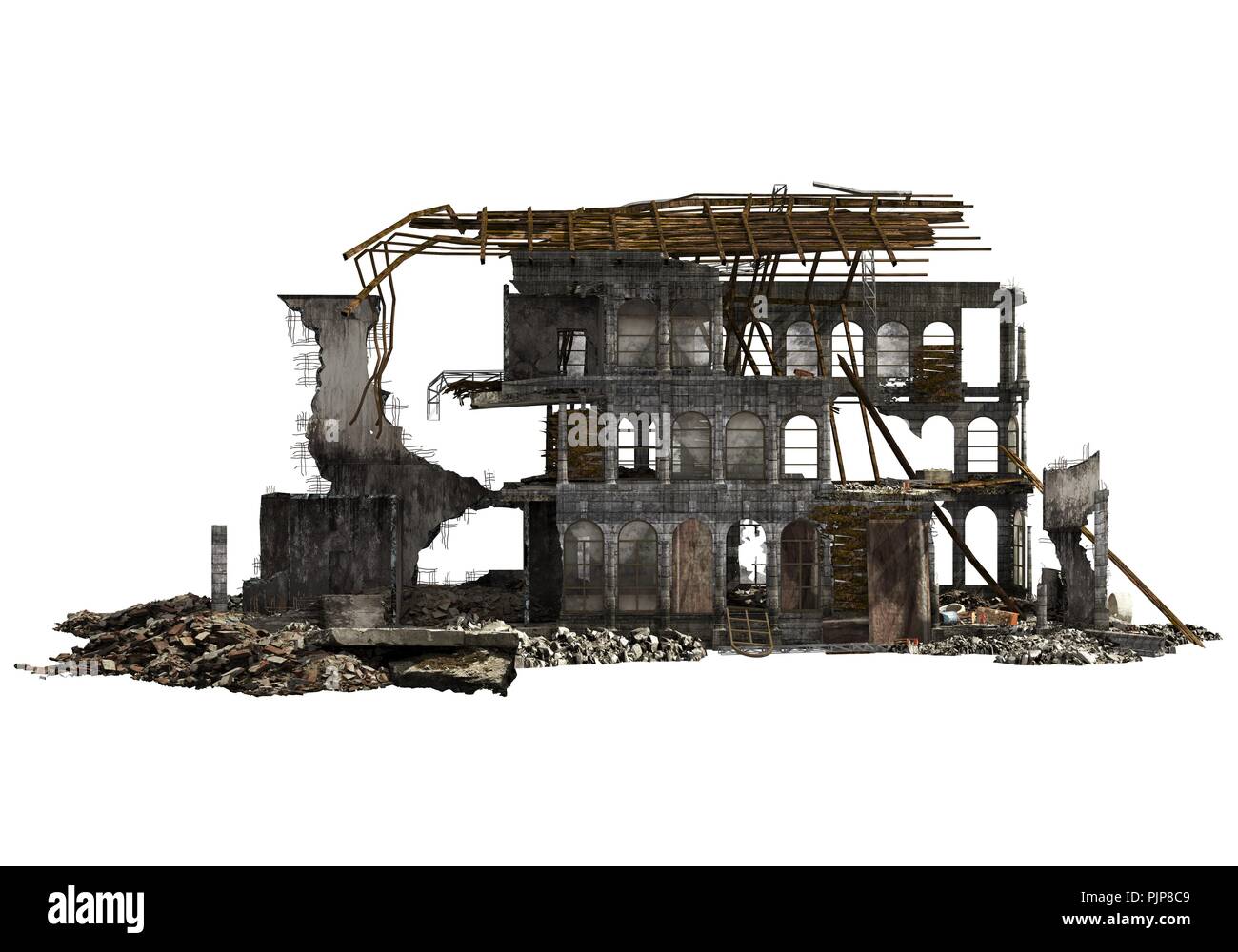 Ruined Building Isolated On White 3D Illustration Stock Photo - Alamy