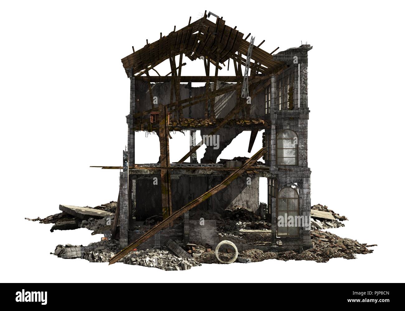 Ruined Building Isolated On White 3D Illustration Stock Photo - Alamy