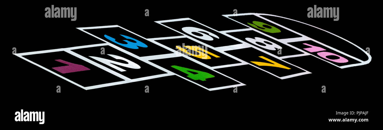 colorful Hopscotch game drawn on black background Stock Photo - Alamy
