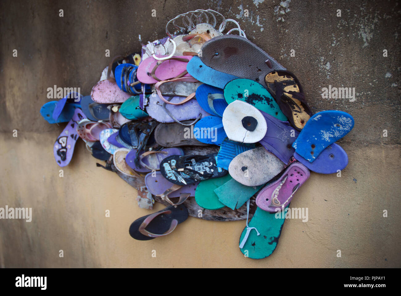 Fish mural made out of old flip flops, Seminyak, Bali, Indonesia Stock ...