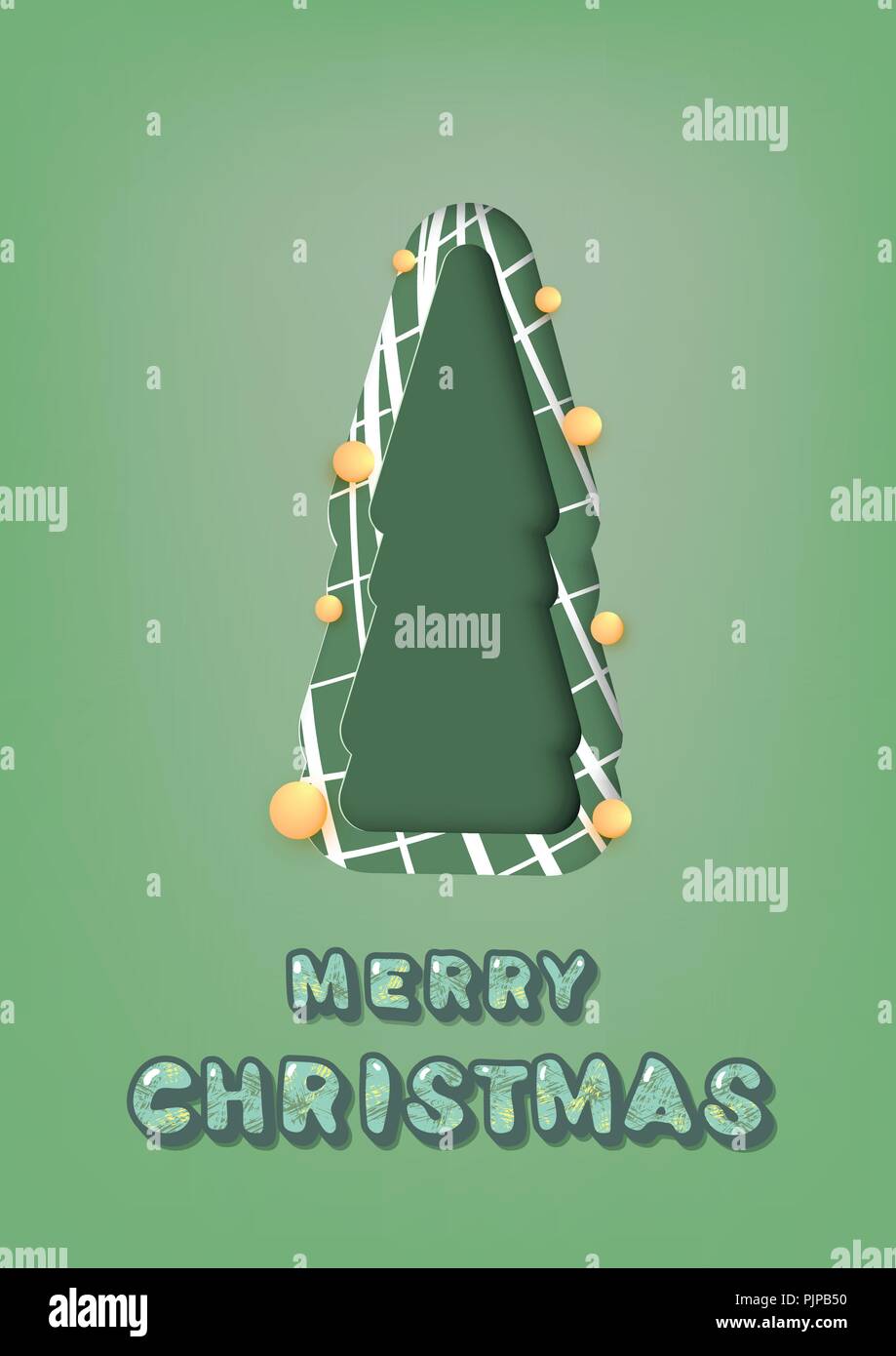 Merry Christmas Lettering With Decotated Papercut Tree Creative Text