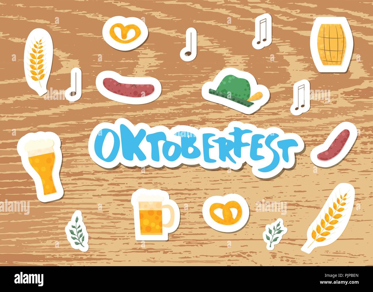 Oktoberfest sticker set on wood background. Handwritten text with ...