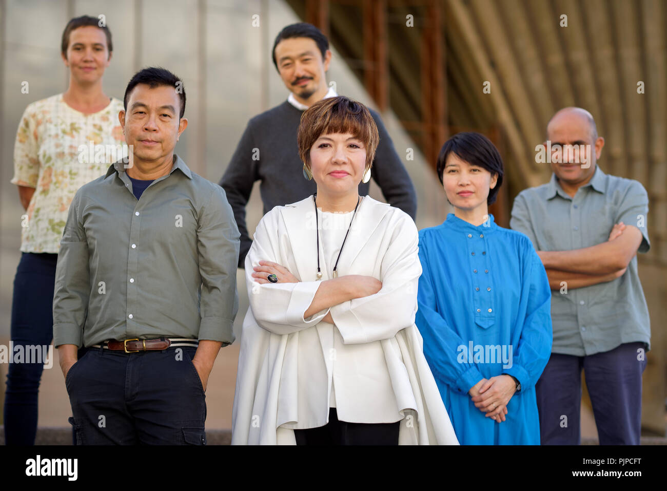 (L-R) Artists Yasmin Smith, Wong Hoy Cheong, Koji Ryui, Director Mami Kataoka (C), Rika Noguchi ...