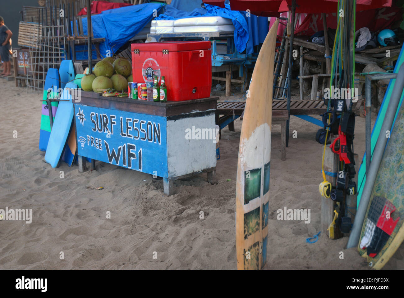 Surf Lesson Sign on beach, Seminyak, Bali, Indonesia Stock Photo - Alamy