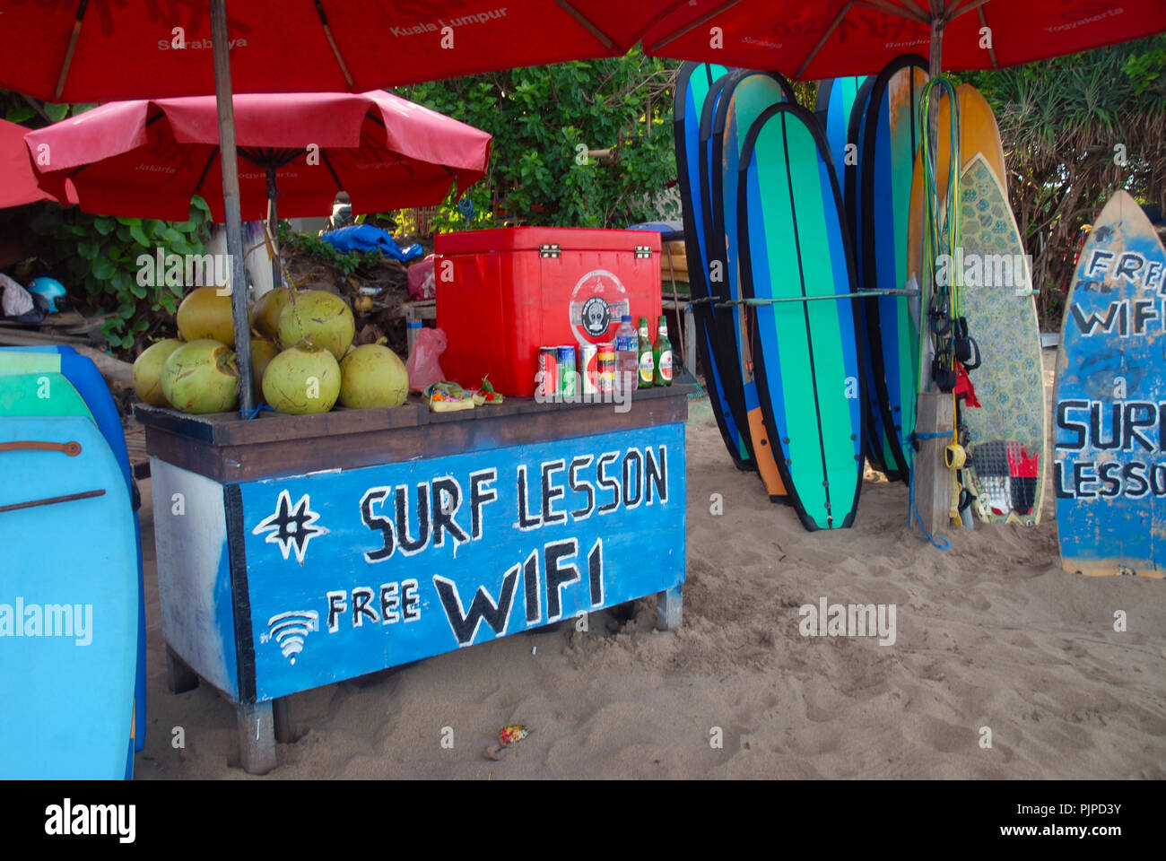 Surf Lesson Sign on beach, Seminyak, Bali, Indonesia Stock Photo - Alamy