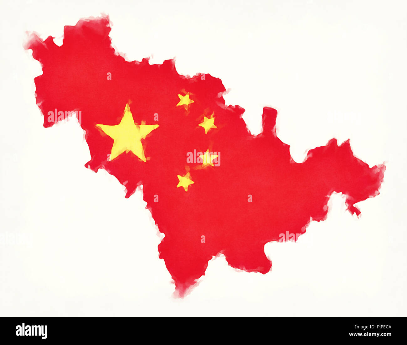 Jilin China watercolor map with Chinese national flag illustration ...