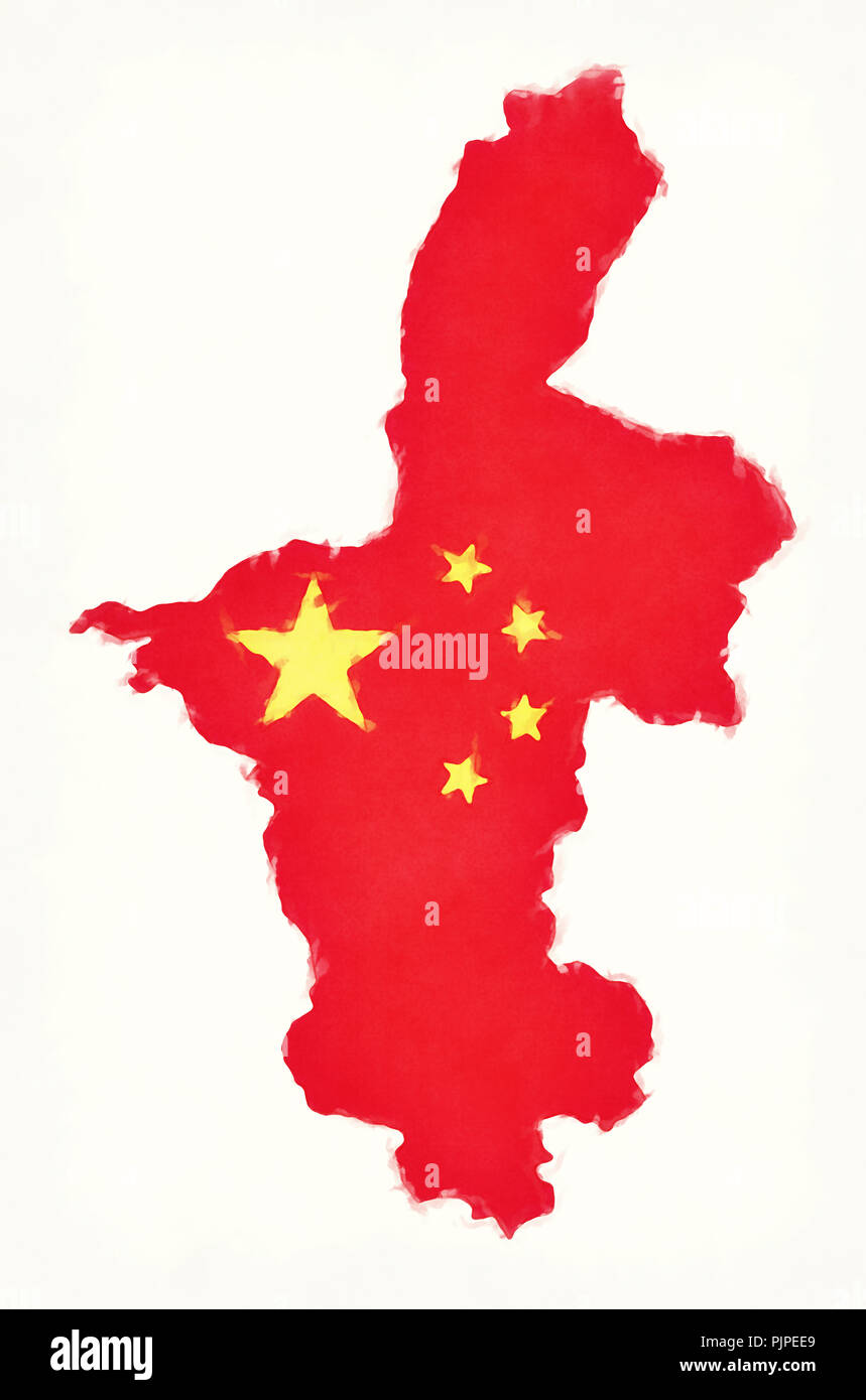 Ningxia China watercolor map with Chinese national flag illustration ...