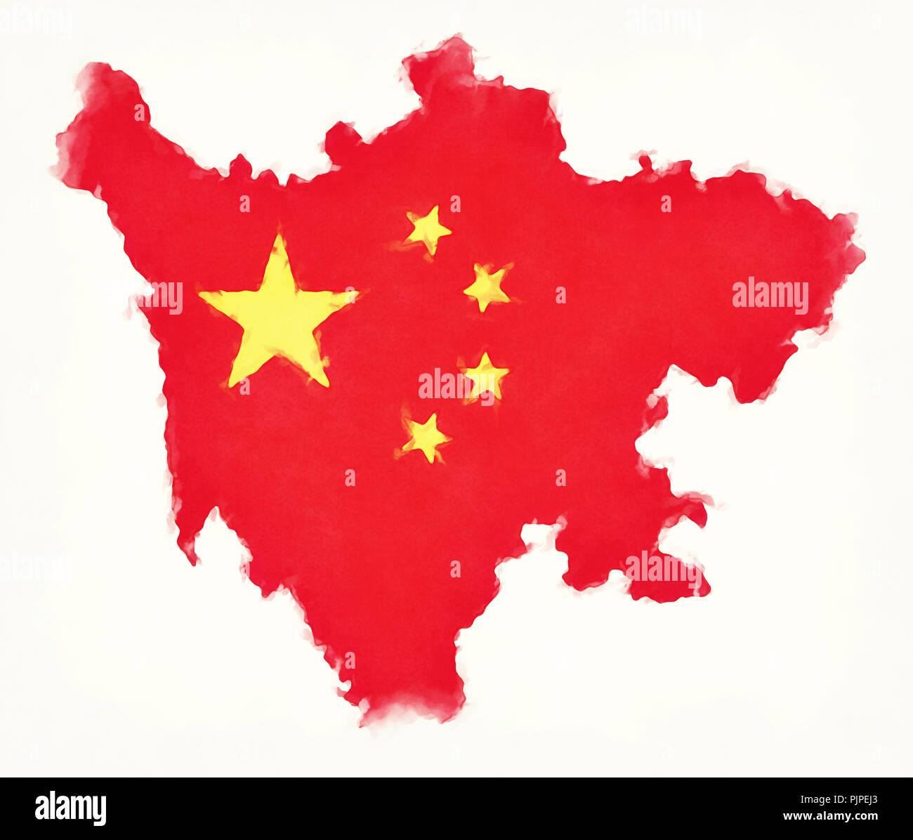 Sichuan China watercolor map with Chinese national flag illustration ...