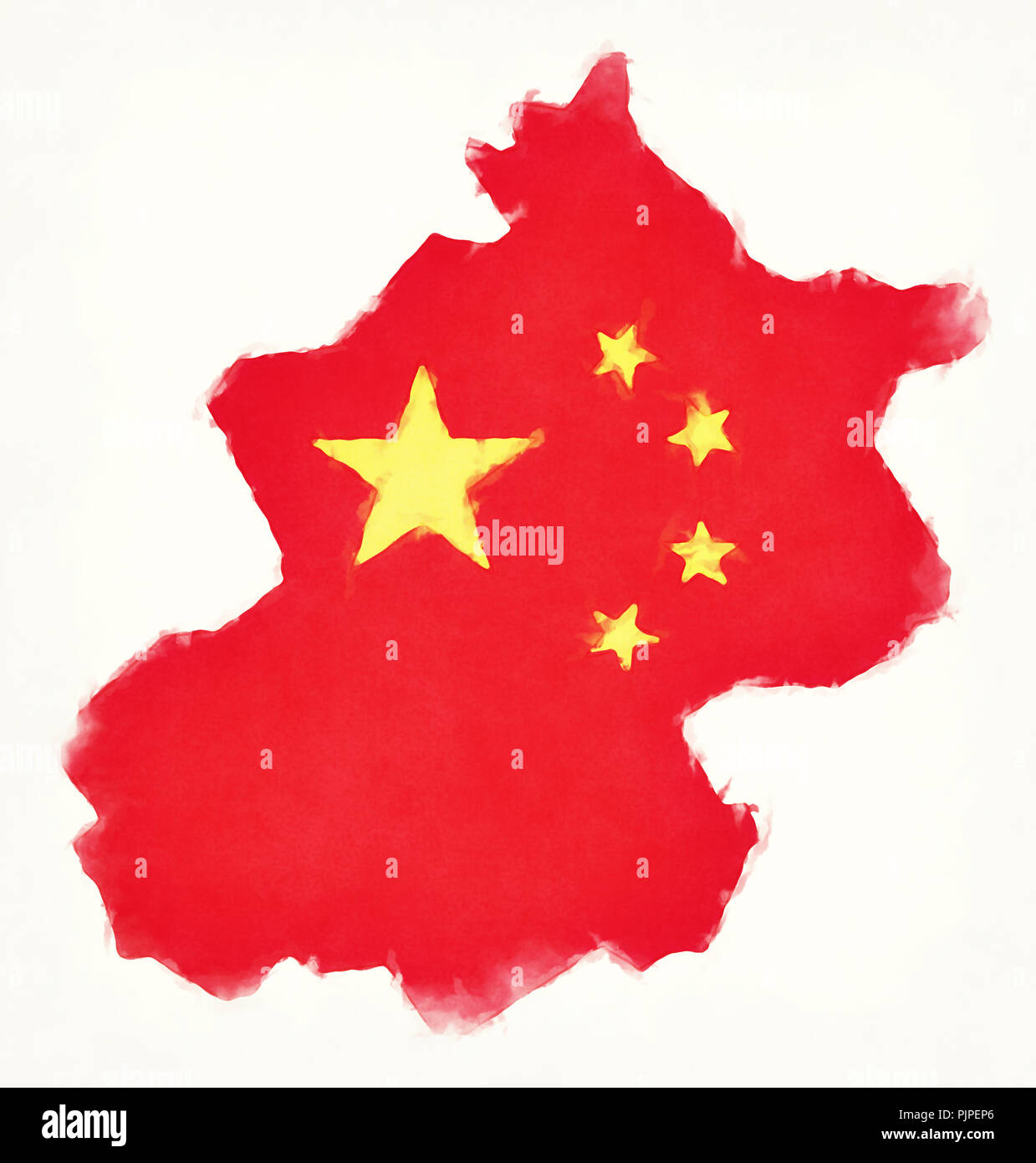 Beijing China watercolor map with Chinese national flag illustration ...