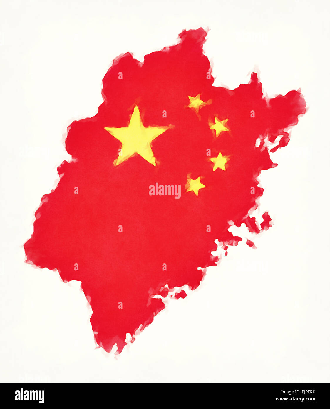 Fujian China watercolor map with Chinese national flag illustration ...