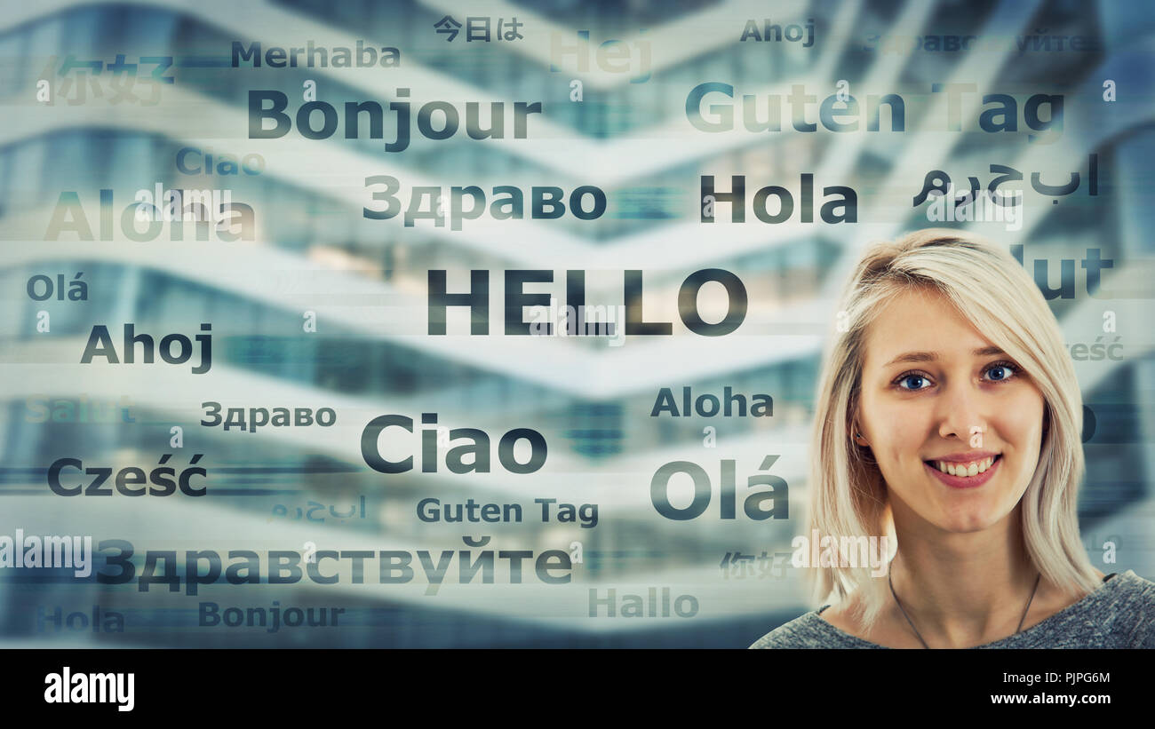 Student girl portrait and word hello translated in different languages ...