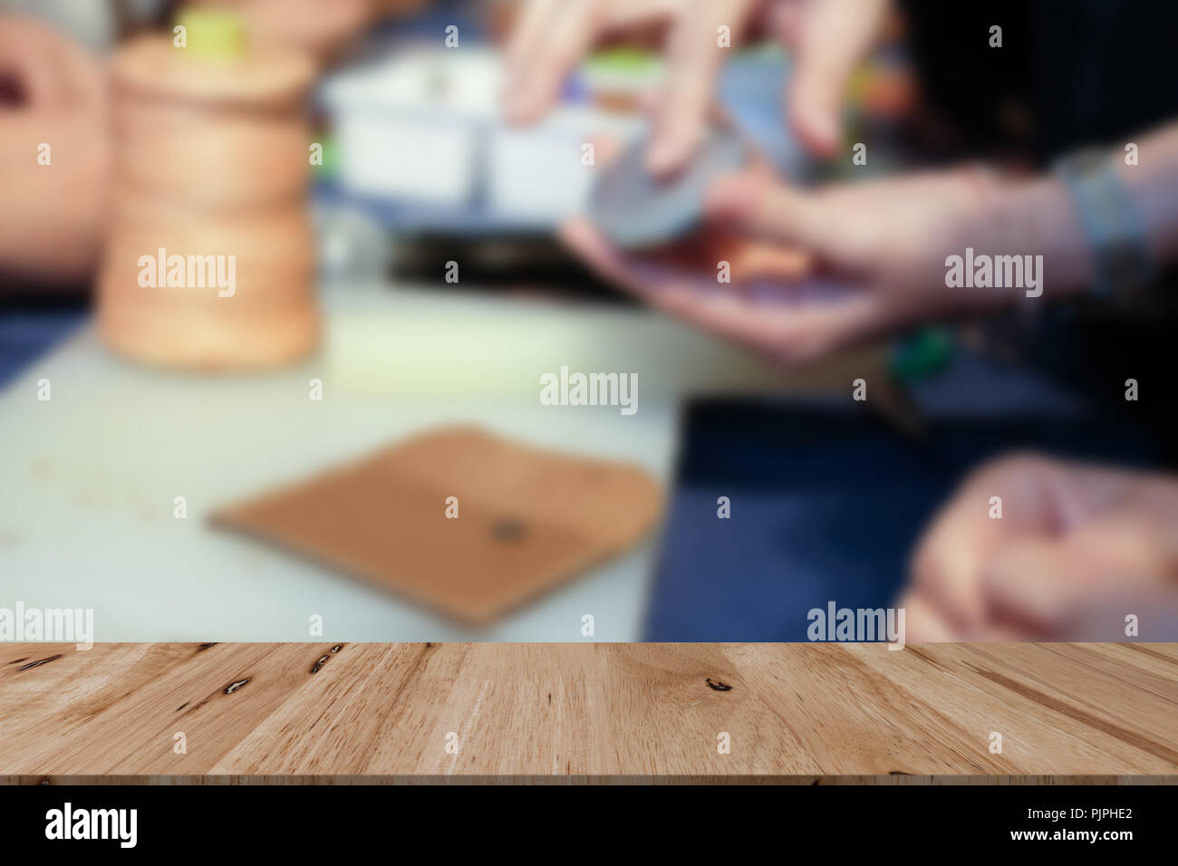 craftsman making leather bag. handmade DIY handicraft workshop Stock ...