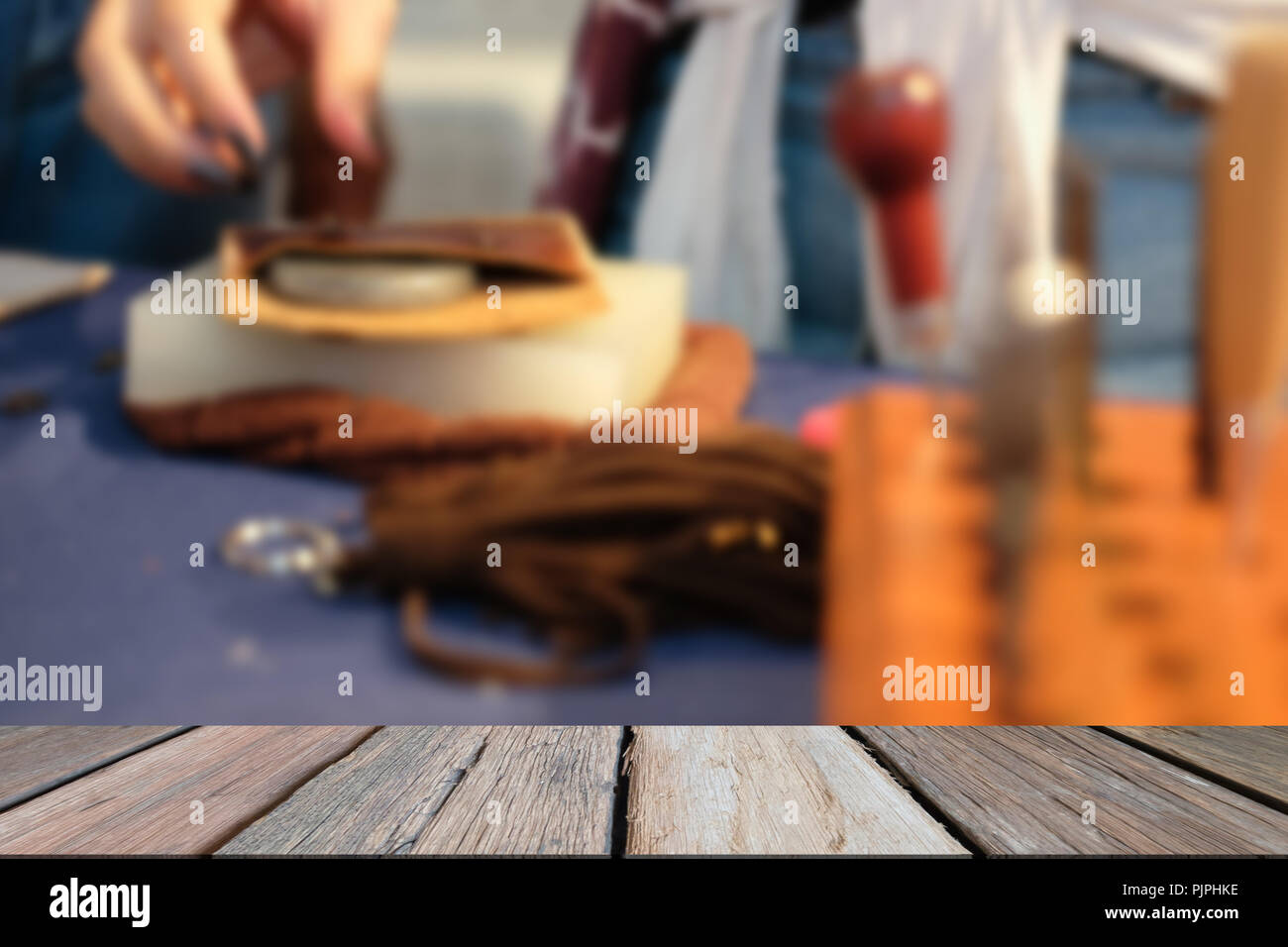 craftsman making leather bag. handmade DIY handicraft workshop Stock ...