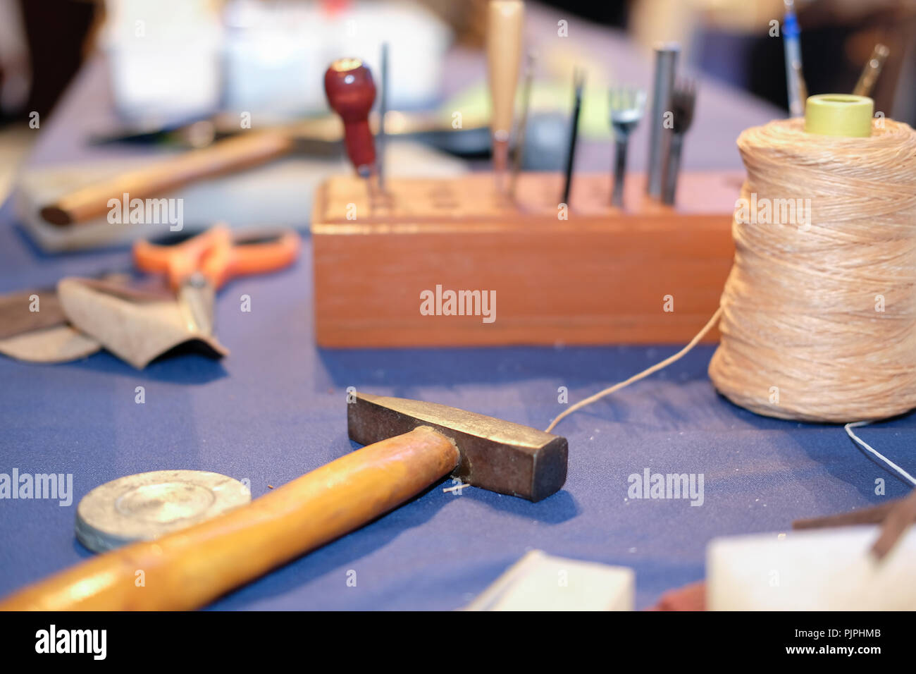 handmade leather craft DIY instrument tool. craftsman working desk ...