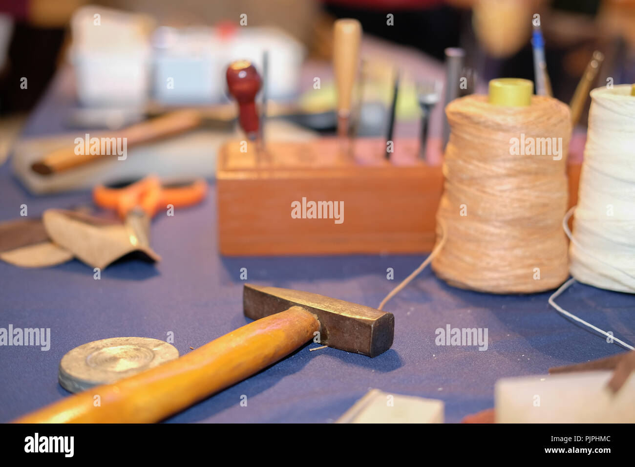 handmade leather craft DIY instrument tool. craftsman working desk ...