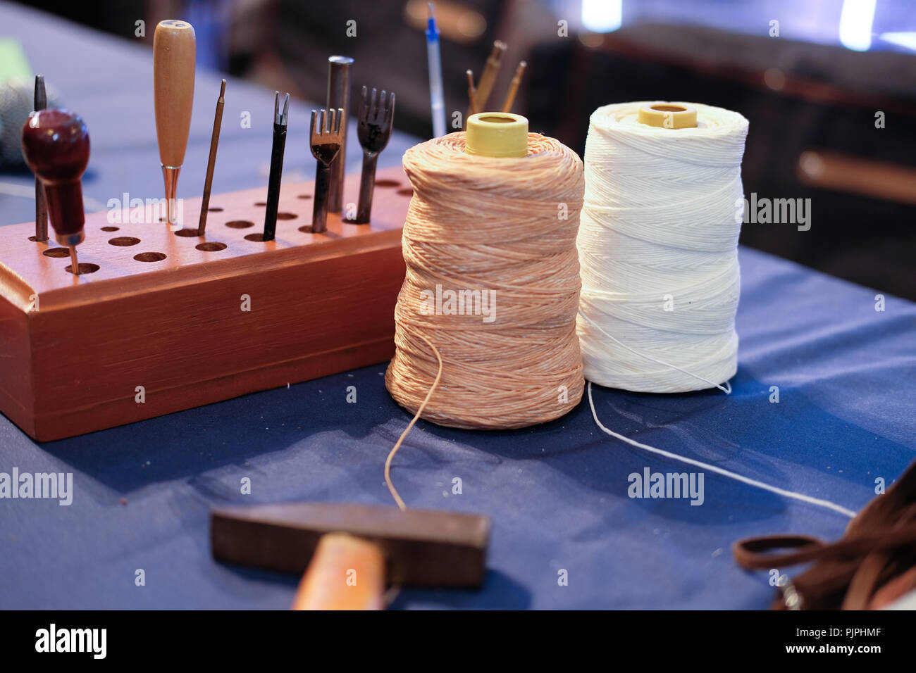 handmade leather craft DIY instrument tool. craftsman working desk ...