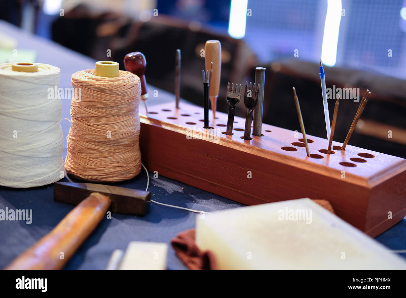 handmade leather craft DIY instrument tool. craftsman working desk ...