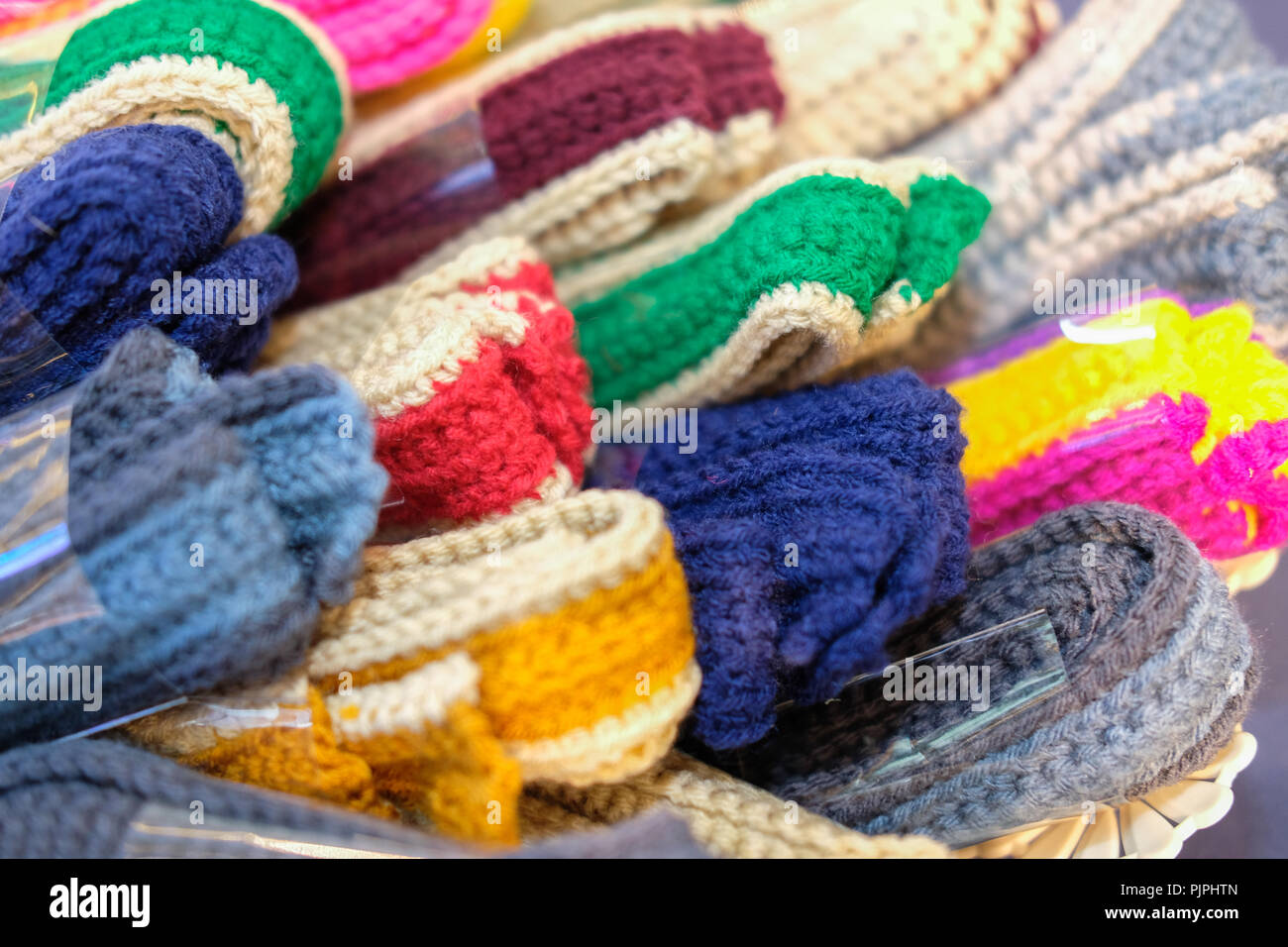 colorful knitted belt. knitting fabric strap. handmade handicraft ...