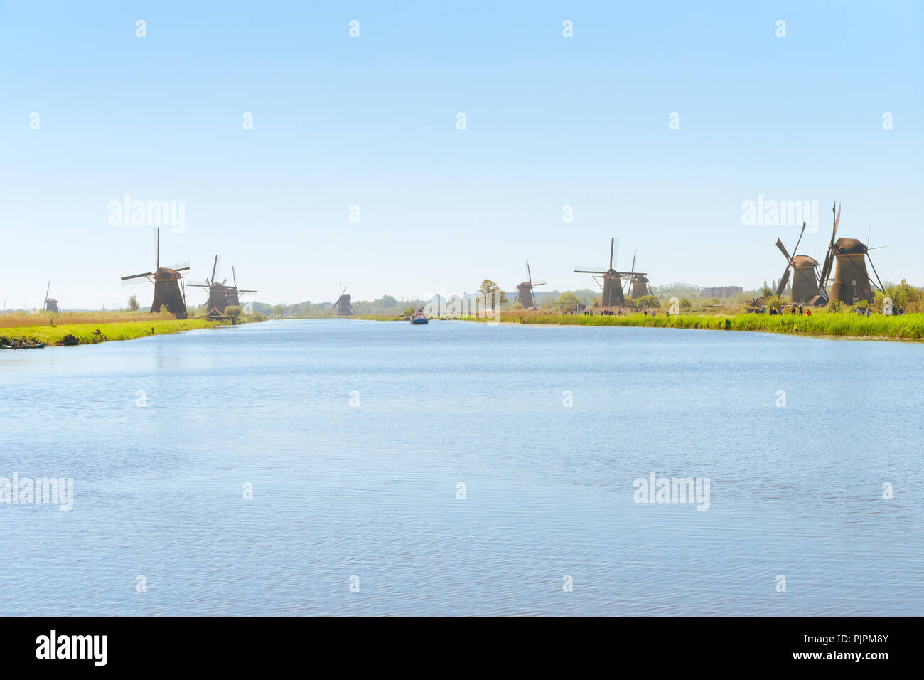 traditional dutch rural scenery with windmills in Kinderdijk at summer ...