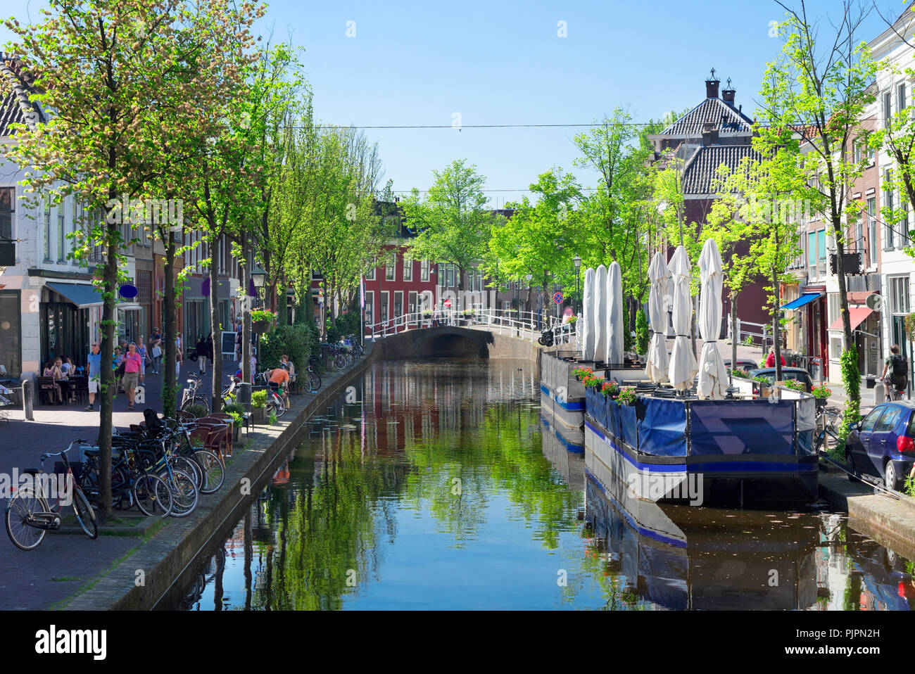 street with canal in Delft old town in Holland, Netherlands Stock Photo ...