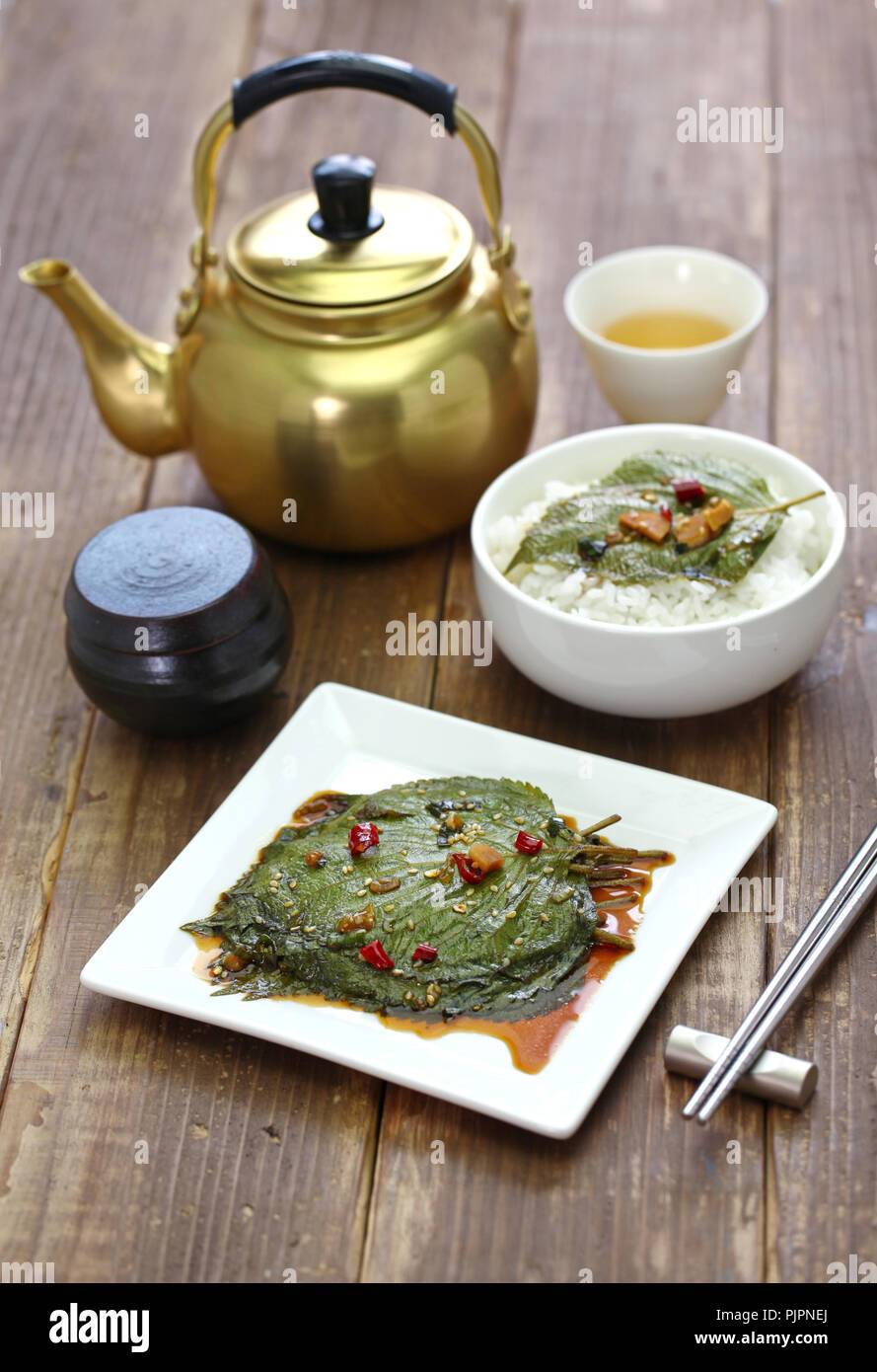 pickled perilla leaves over rice, korean food, kkaennip jangajji Stock ...