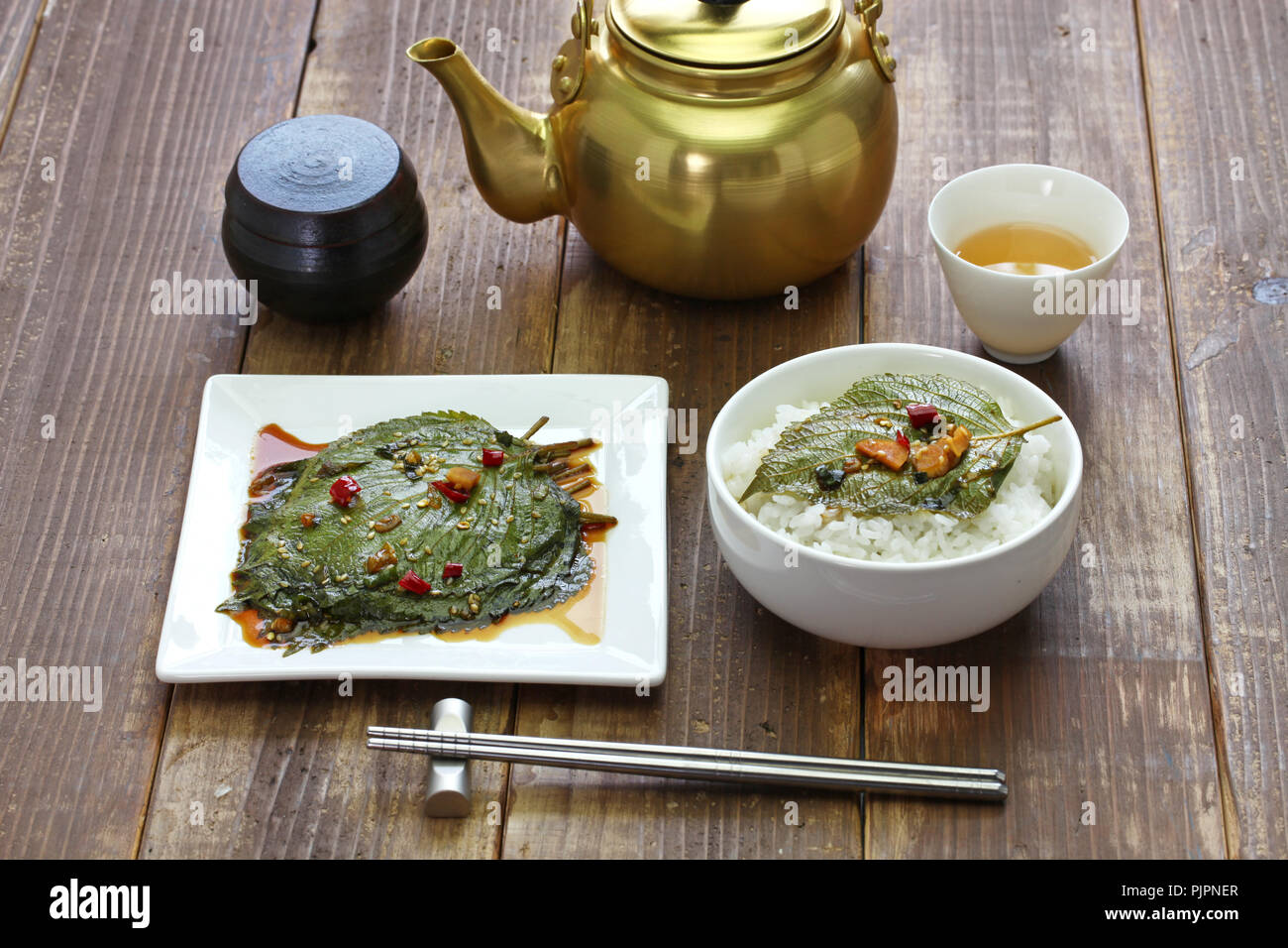 pickled perilla leaves over rice, korean food, kkaennip jangajji Stock ...