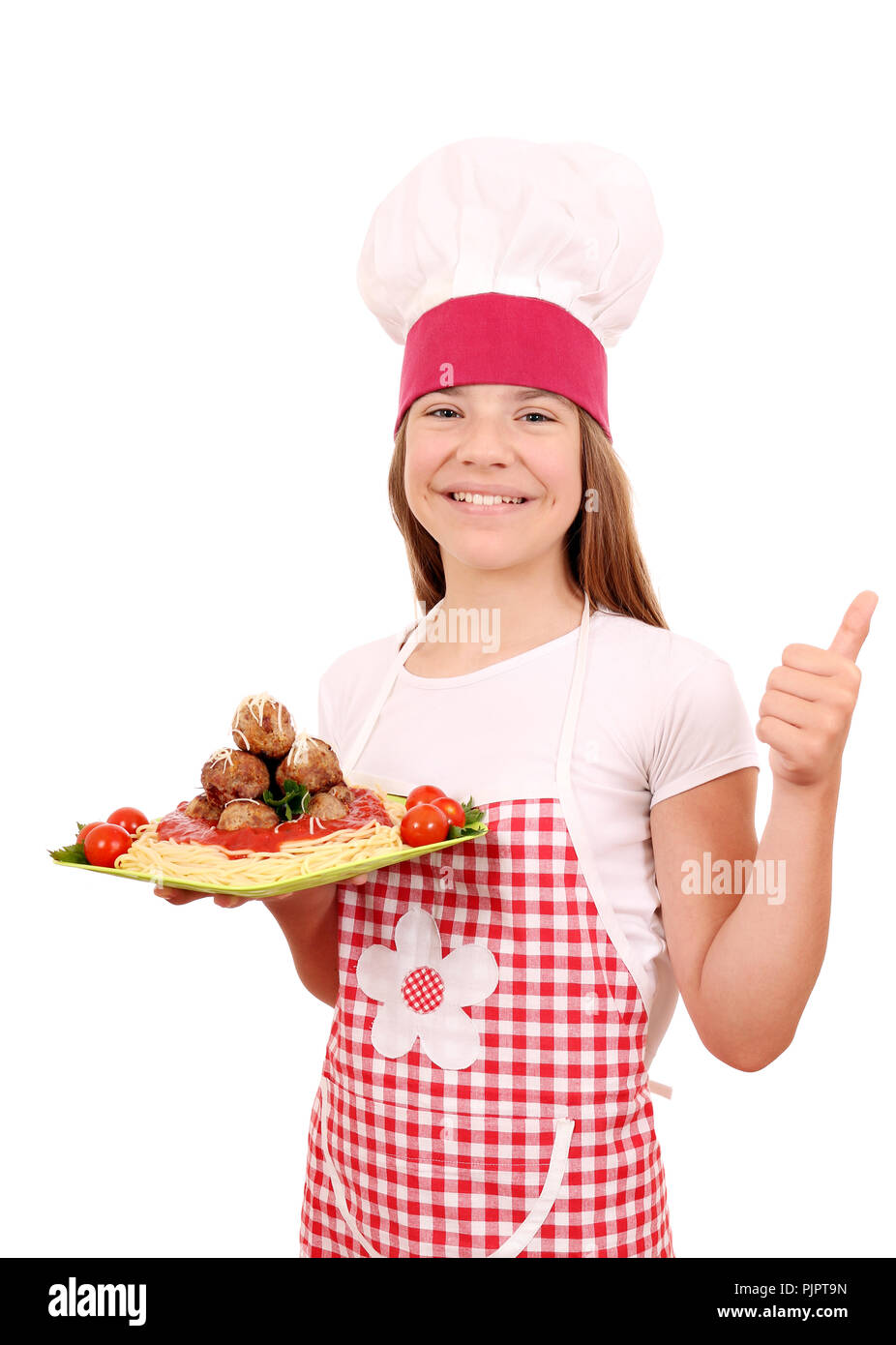 happy girl cook with spaghetti and meatballs and thumb up Stock Photo ...
