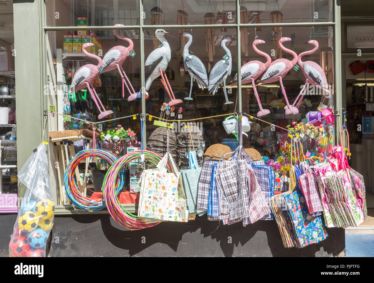 Shop window display of garden plastic birds and shopping bags ...