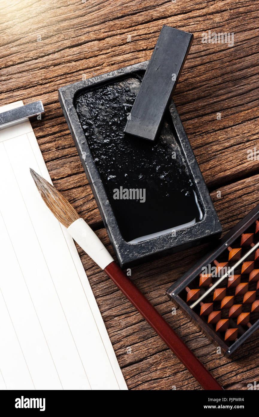 closeup traditional writing brush on the desktop, Japanese writing ...