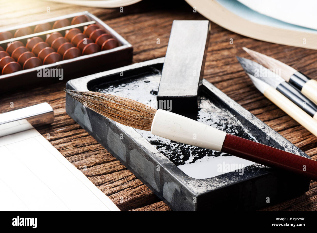 closeup traditional writing brush on the desktop, Japanese writing ...